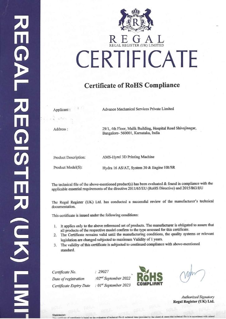 Certificate of RoHS Compliance - Advance Mechanical Services Private ...